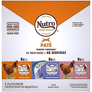 NUTRO Grain Free Natural Adult Wet Cat Food Paté, Chicken Recipe, Salmon & Tuna Recipe, and Chicken & Liver Recipe Variety Pack, 2.64 oz. PERFECT PORTIONS Twin-Pack Trays, 48 Count