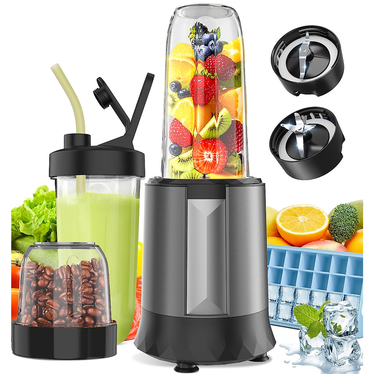 Smoothie Blender, 1300 W Upgraded Compact Personal Blender for Shakes and Smoothies, Juice, Frozen Drinks, Sauces & More, Smoothies Maker with 2 * 32 Oz To-Go Cups, 2*Spout-Lids