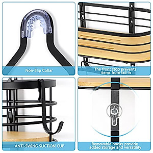 Fogein Bathroom Hanging Shower Caddy Over Shower Head Organizer, Rustproof Shower Organizer with Bamboo Board Hook & Soap Box, Over the Shower Head Caddy, Black