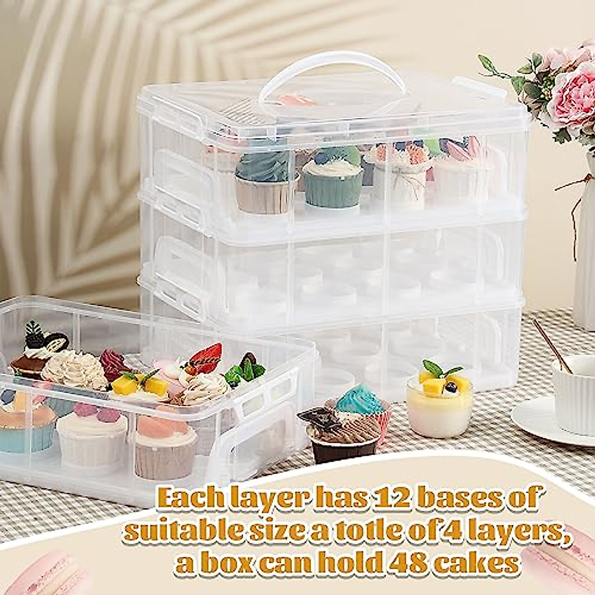 Geetery Cupcake Containers Cupcake Carriers for 48 Cupcakes or 4 Large Cakes 4 Tier Cupcake Holder with Lid Plastic Cupcake Storage Containers Cupcake Box Stackable Trays for Cookie Muffin, White