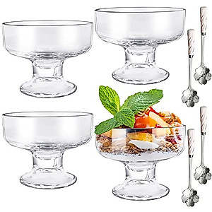 Worldity Glass Dessert Bowls Set of 4, 6.42oz Ice Cream Bowls with Spoons, Crystal Dessert Cups, Lead-free Ice Cream Bowls for Appetizers Ice Cream Cocktail Pudding Fruit Sauce