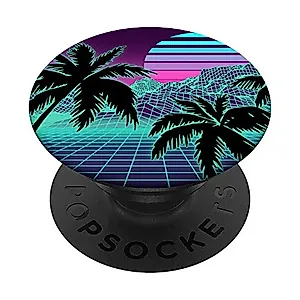 Retro 80s Vaporwave Sunset Sunrise With Outrun style grid PopSockets PopGrip: Swappable Grip for Phones & Tablets