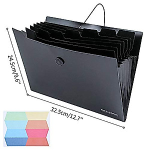 Uquelic 8 Pockets Expanding File Folder - Plastic Black Accordion Document Storage Organiser A4 Letter Size Expandable File Jacket Filing Wallets with Label (Black)