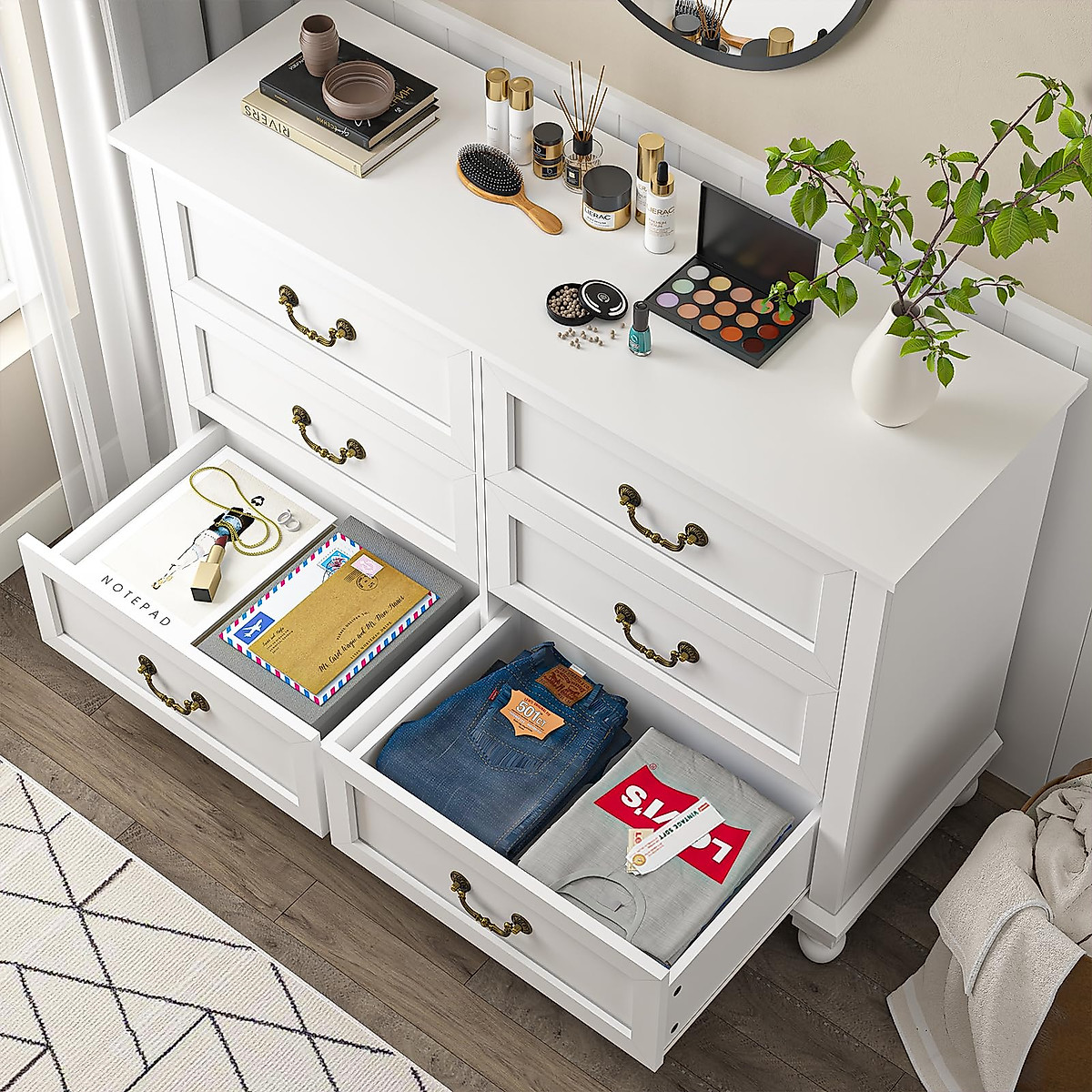 TVU White 6 Drawer Dresser for Bedroom, Vinatge Wood Chest of Drawers with Wide Storage Cabinet (White)