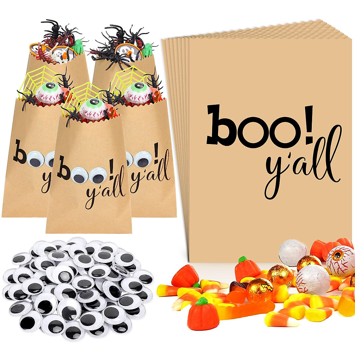 JarThenaAMCS 50Pcs Halloween Treat Bags with Self-Adhesive Wiggle Eyes Stickers Boo Y'all Candy Goodie Bags Kraft Paper Buffet Bags for DIY Crafts Party Supplies