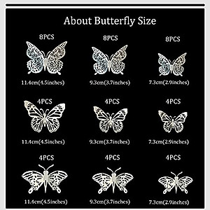 Mudboo 48 Pcs 3D Butterfly Wall Stickers,3 Styles 3 Sizes,Removable Wall Sticker Butterfly Wall Decals Decoration for Kids Bedroom Nursery Classroom Party Wedding Decor DIY Gift (Silver)