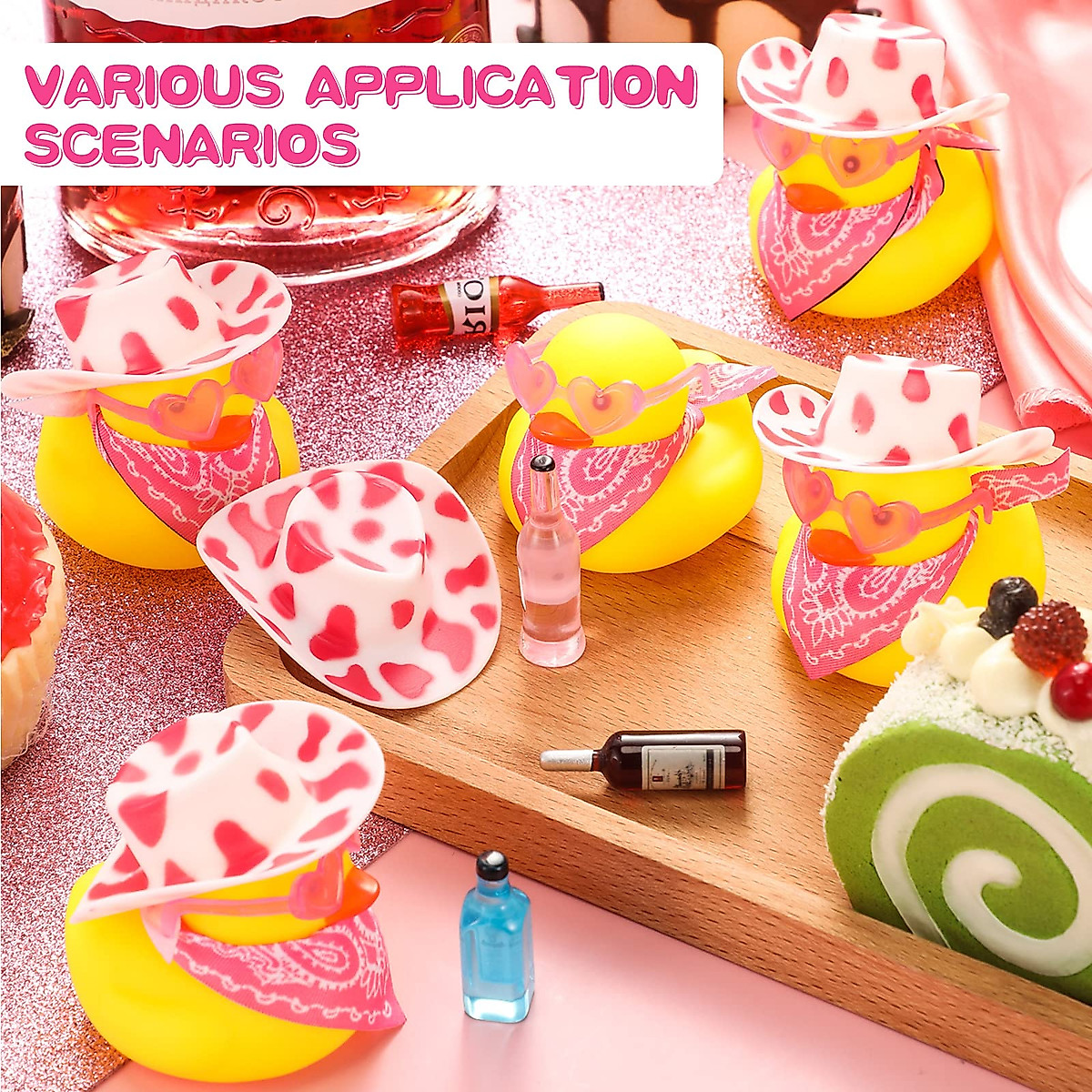 Jexine 24 Pcs Cowboy Rubber Duck, Cowboy Rubber Duck Mini Rubber Duckies with Hat Glasses Scarf Shower Party Favor(Cow Pattern)