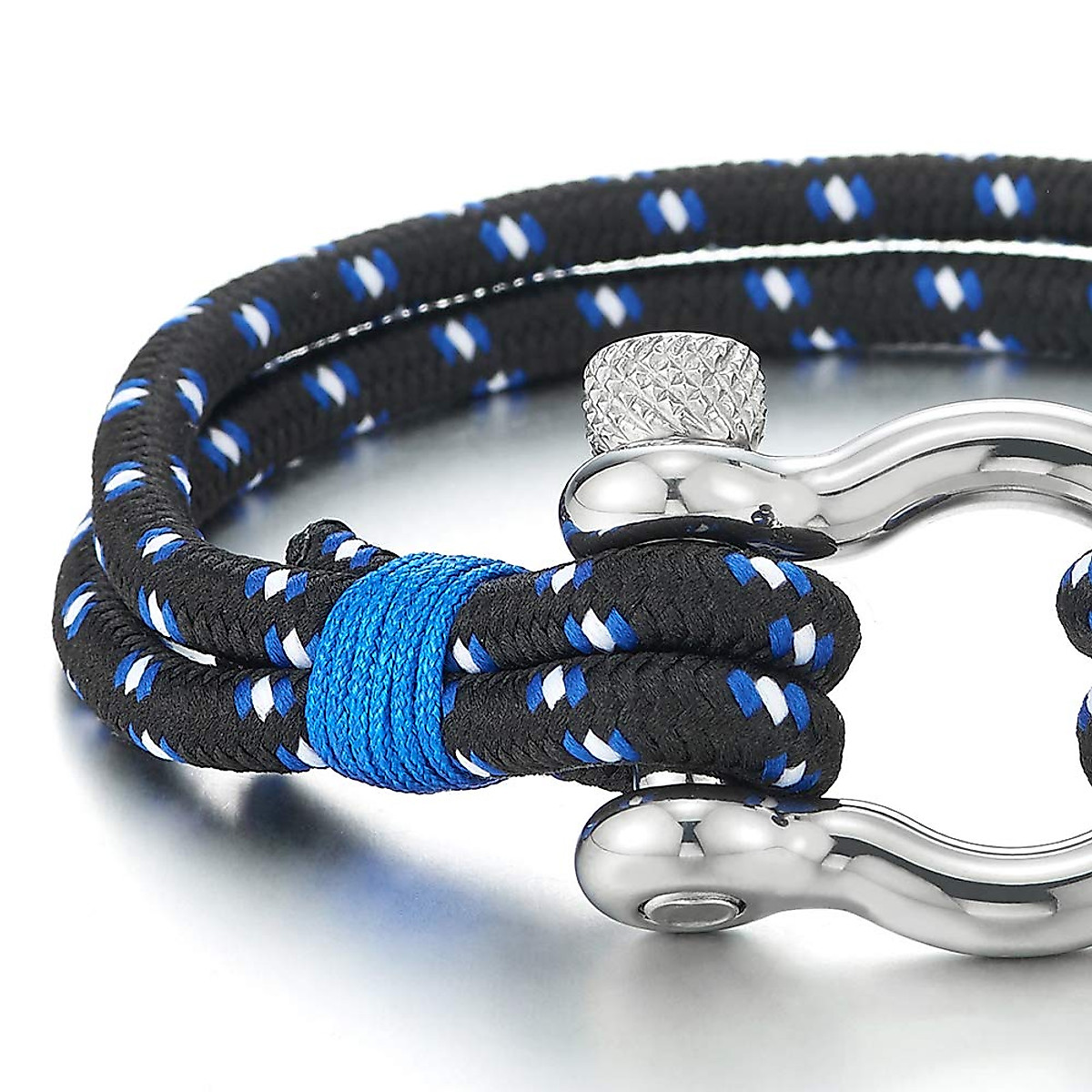 COOLSTEELANDBEYOND Mens Womens Steel Screw Anchor Shackles Nautical Blue White Sailor Rope Cord Wrap Bracelet Wristband