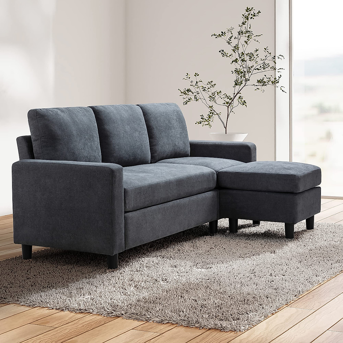 SUNLEI 79'' Convertible Sectional Sofa, L Shaped Couch Reversible Chaise Modern Linen Fabric for Small Space(Dark Grey)