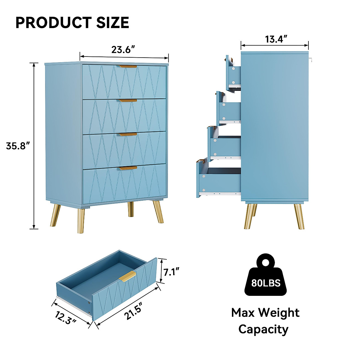 NOVALLA 4 Drawer Dresser, Chest of Drawers, Modern Dresser with Storage, Organizer Unit for Bedroom, Living Room, Hallway, Entryway, Closet(Blue)