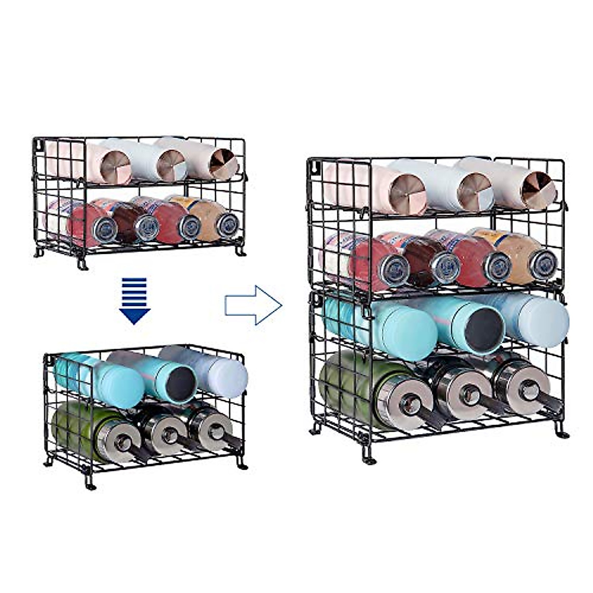 X-cosrack Adjustable Water Bottle Organizer,4-Tier Wall-Mounted Water Bottle Holder, Stackable Water Bottle Storage Rack for Kitchen Countertops,Pantry, Cabinet,Black(Patent No.: US D950,280 S)