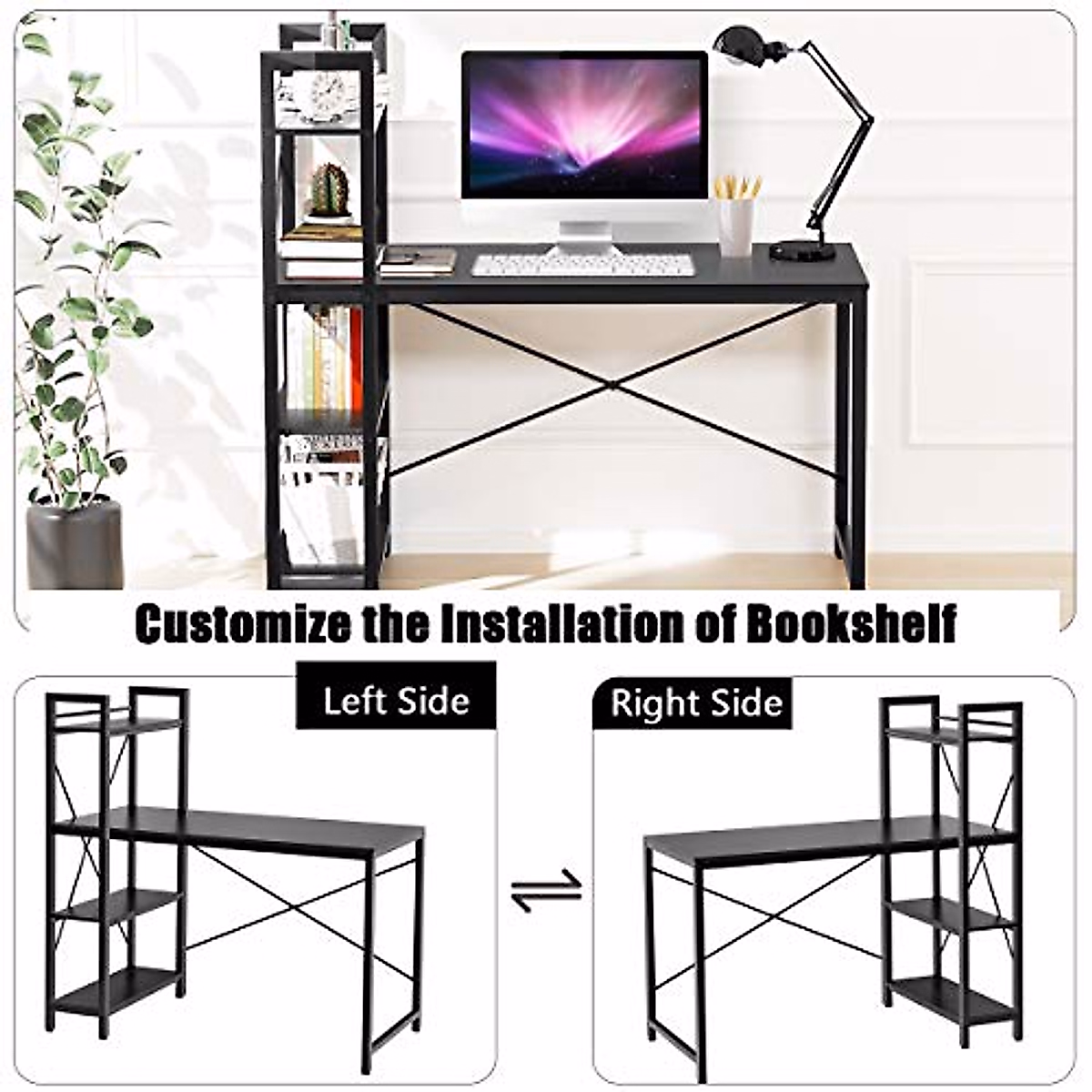 HAPPYGRILL Computer Desk with 4-Tier Bookshelves Writing Study Table Workstation with Tower Storage Shelves for Home Office