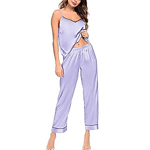 SWOMOG Womens Silk Satin Pajamas Set Two-Piece Pj Sets Cami Top and Capris Pants Sleepwear Lavender