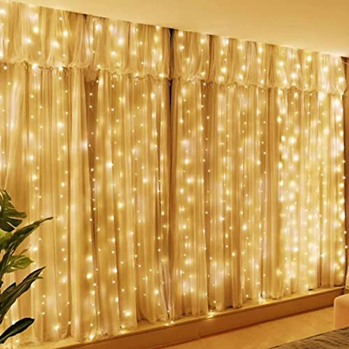 GIREALO Starry Window Curtain String Light Warm White 300 LED 8 Lighting Modes USB Powered Fairy Lights Remote Control Strip Lights for Bedroom Home-Party Wall Decorations