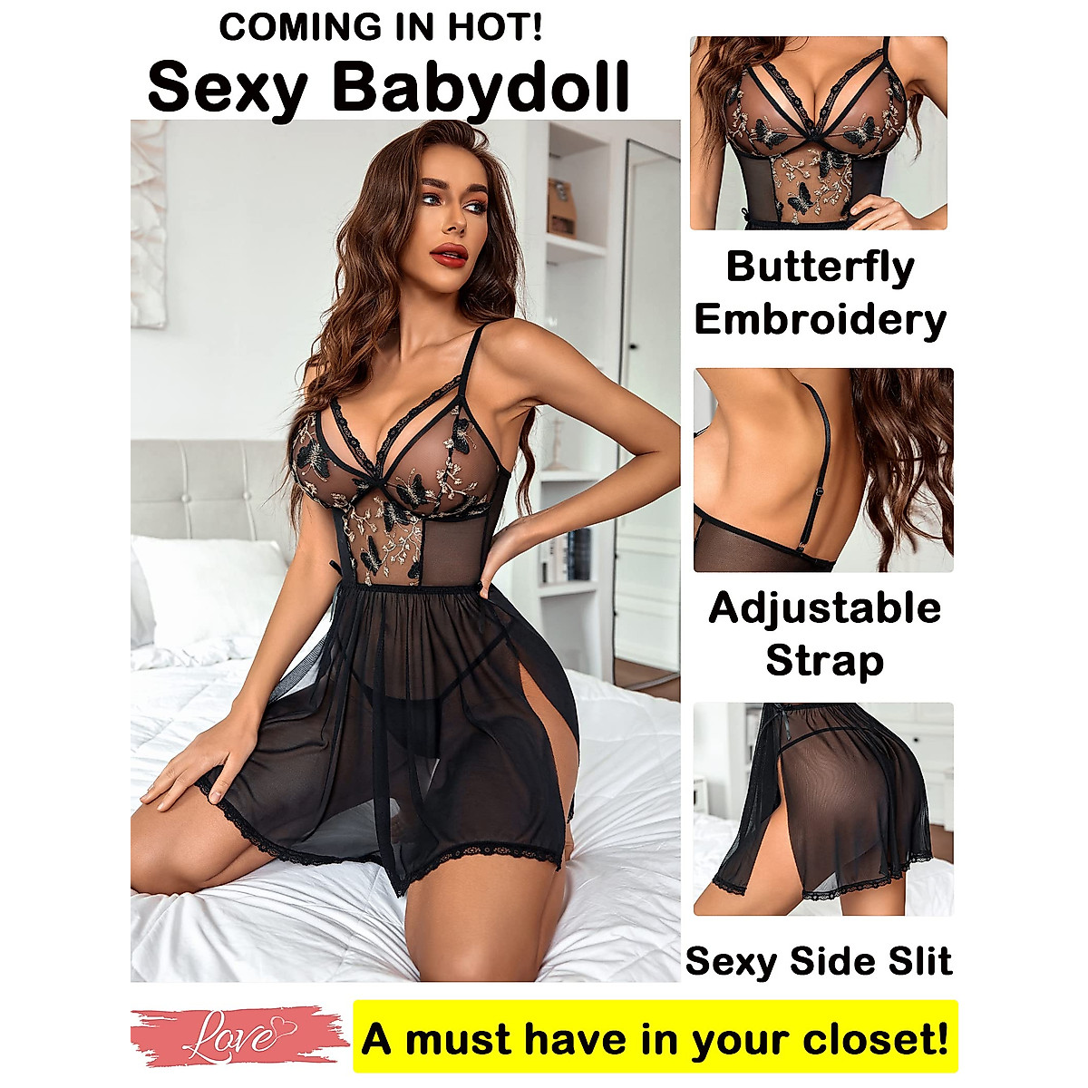 Avidlove Plus Size Lingerie For Women Lace Babydoll Chemise Floral Embroidery Lingerie Sexy Sleepwear Black XXL