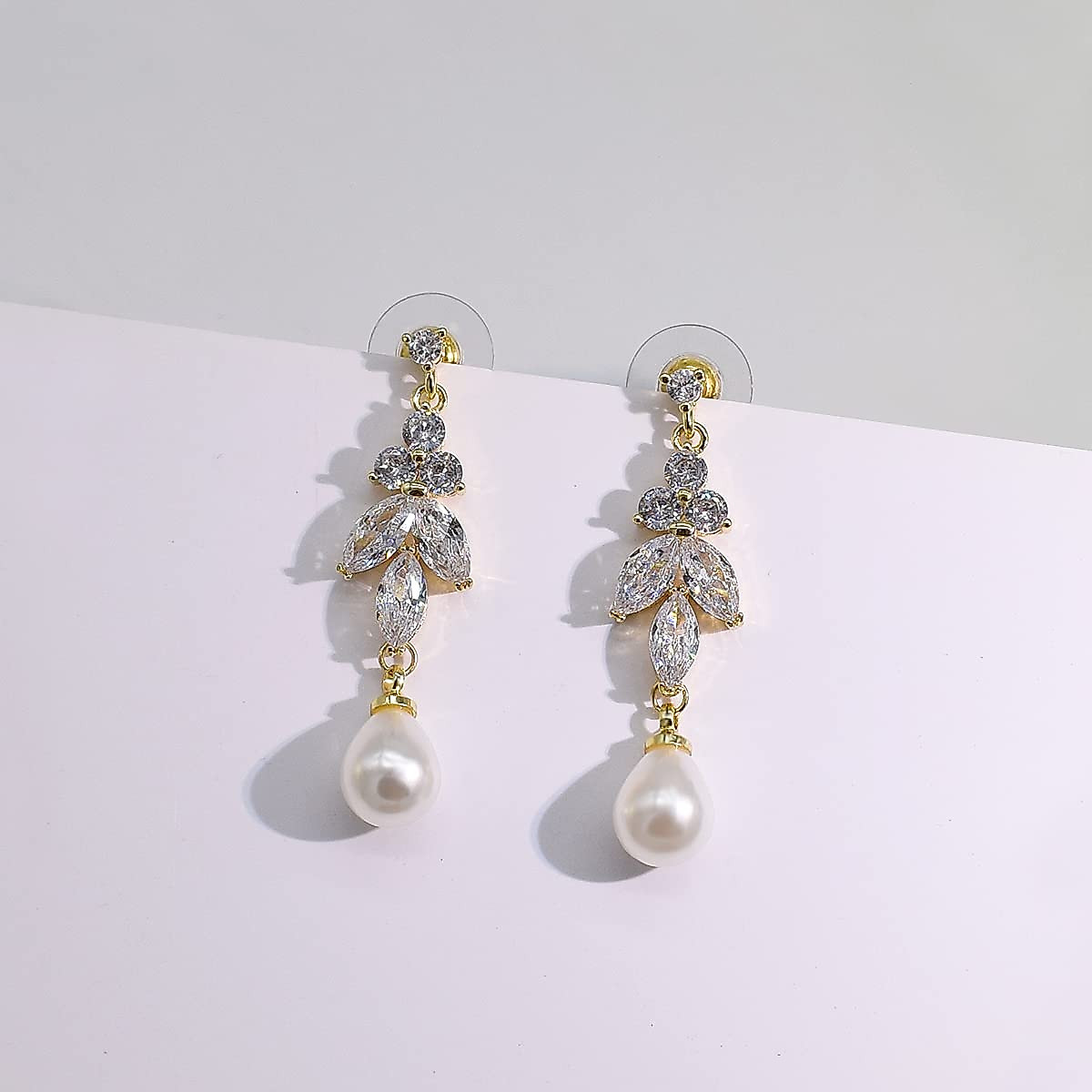 UDORA Women Zirconia Teardrop Pearl Long Dangle Earrings Bridal Bridesmaid Wedding Gifts (Gold)