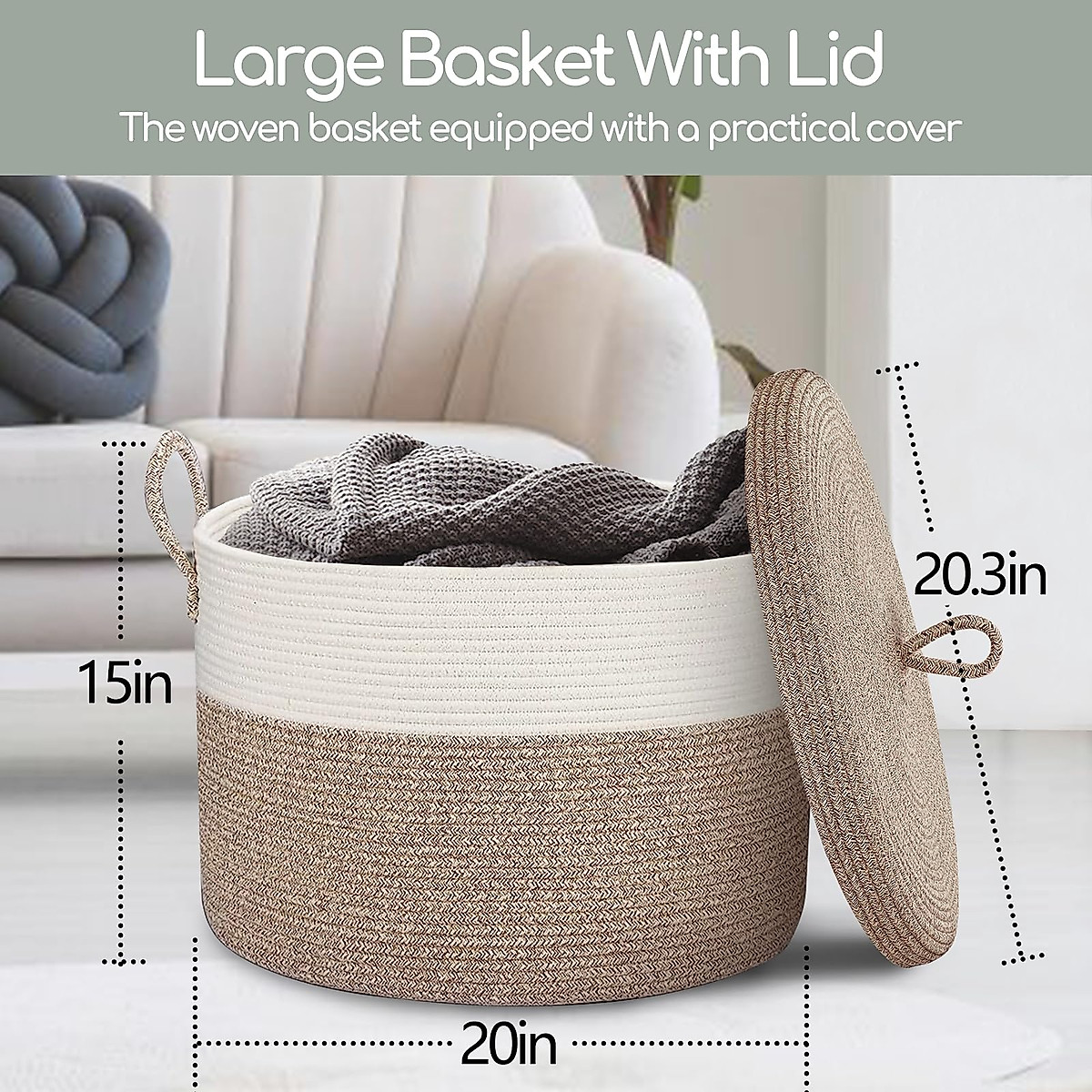 MEGASKET Large Basket with Lid, 20" x 20" x 15" Blanket Storage Basket for Living Room, Wicker Storage Basket with lid, Woven Cotton Rope Baskets for Storage, Big Throw Blankets Pillows Organizer Bins