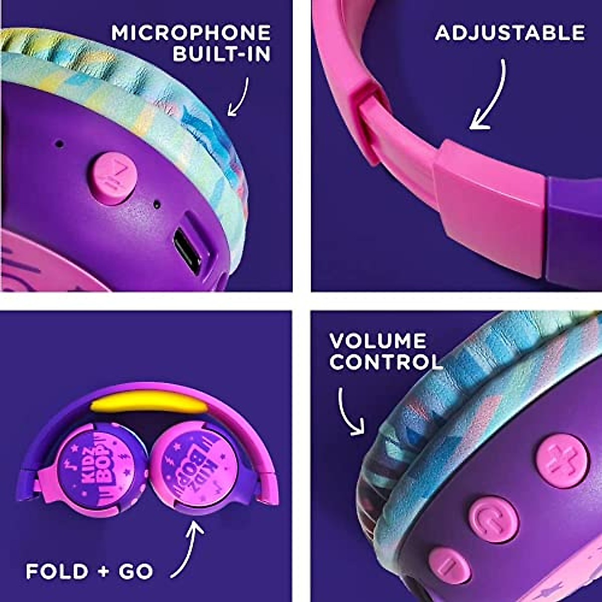 Kidz Bop Bluetooth Headphones for Kids | Hi-Def Microphone & Speakers | 94dB Volume Limiting | Wireless | Adjustable | School Use | Christmas 2022 Present | Gift 3 4 5 6 7 8+ Year Old Girls Boys