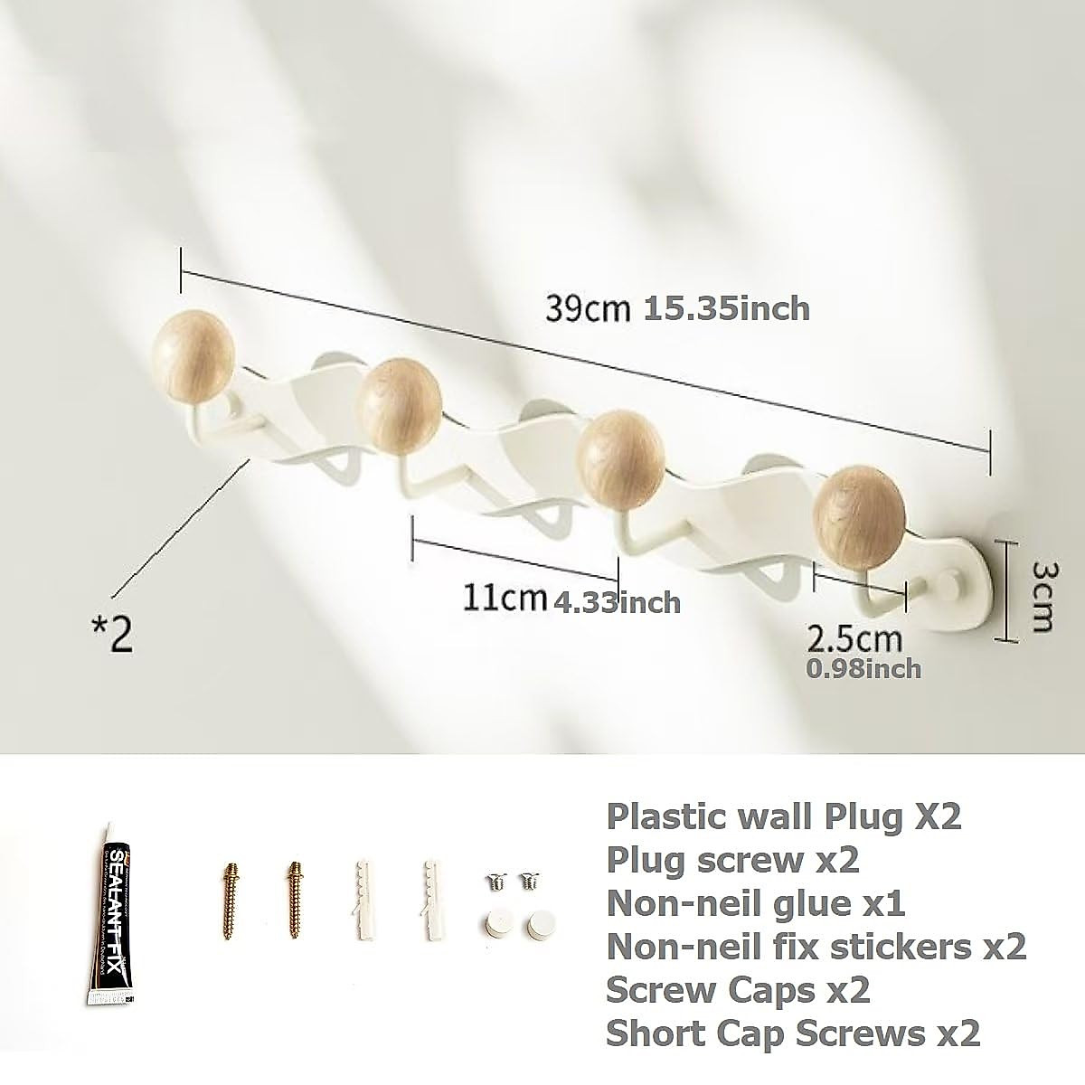 Nolbiph Coat Rack Wall Mount,White Wall Hooks Adhesive & Screw in,Anti-Tear Wooden Ball Hook Rail, Heavy Duty Metal Coat Hanger Wall Mount for Entryway, Bathroom, Bedroom, Kitchen1PACK (4-tri Hooks)