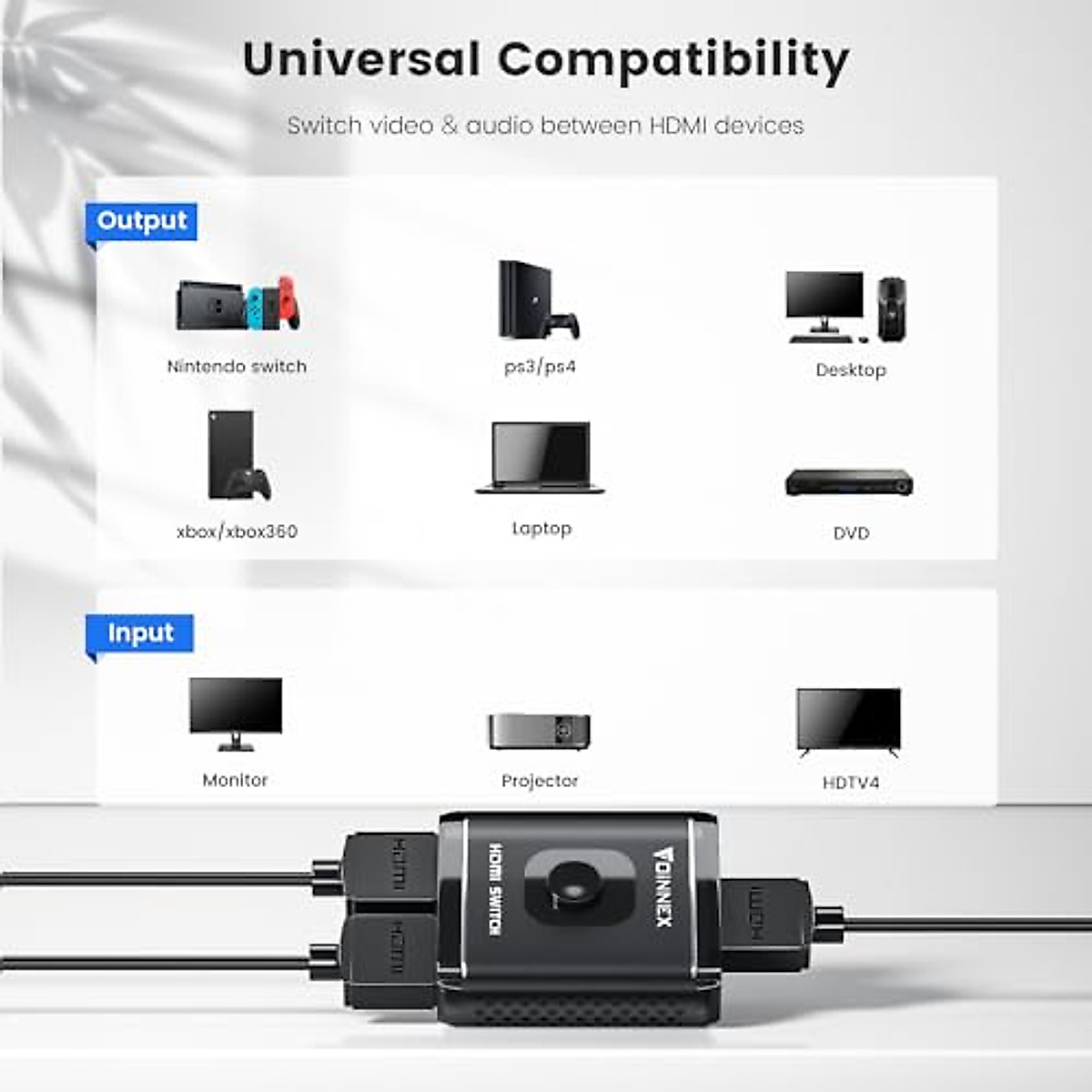 HDMI Switch, FOINNEX Bidirectional HDMI Switcher, 4K@60Hz HDMI Splitter 2 in 1 Out Support PS4/3, Xbox, NS, Blu-Ray Player, Roku (One time 1 Display)