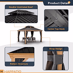 HAPPATIO 10' x 12' Hardtop Gazebo, Outdoor Wood Grain Frame Aluminum Gazebo, Double Roof Permanent Patio Gazebo Canopy with Netting and Curtains for Garden, Patio, Lawns, Parties (Grey)