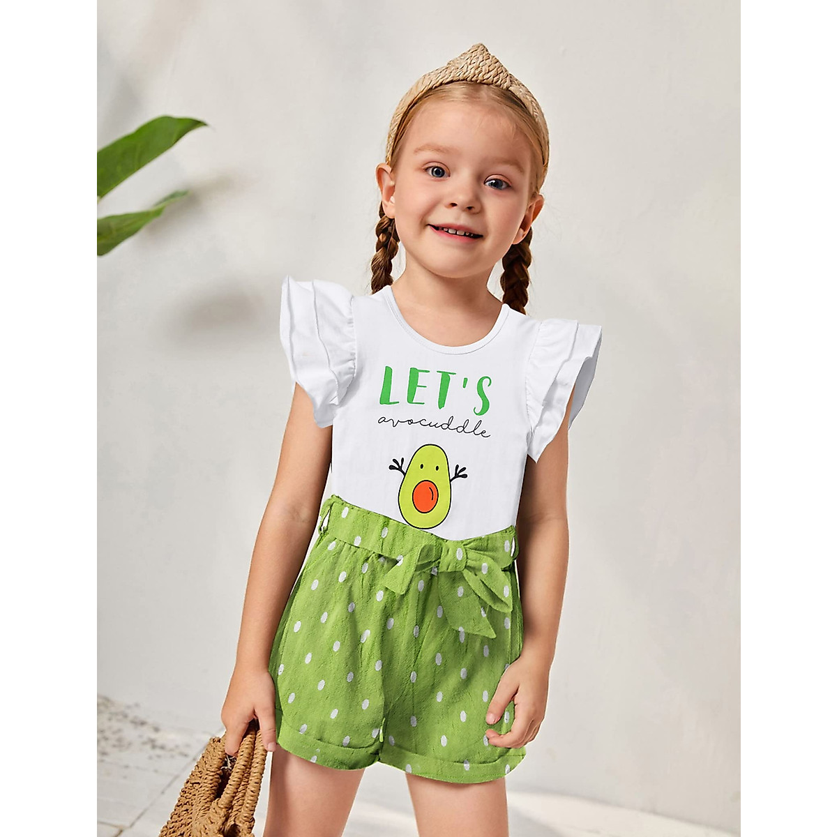 Toddler Girl Clothes 18-24 Months Girl Summer Outfits Baby Girl Clothes Sets with Avocado Ruffle Short Sleeve Top + Green Shorts Pants + Bow Hairband 3Pcs Set