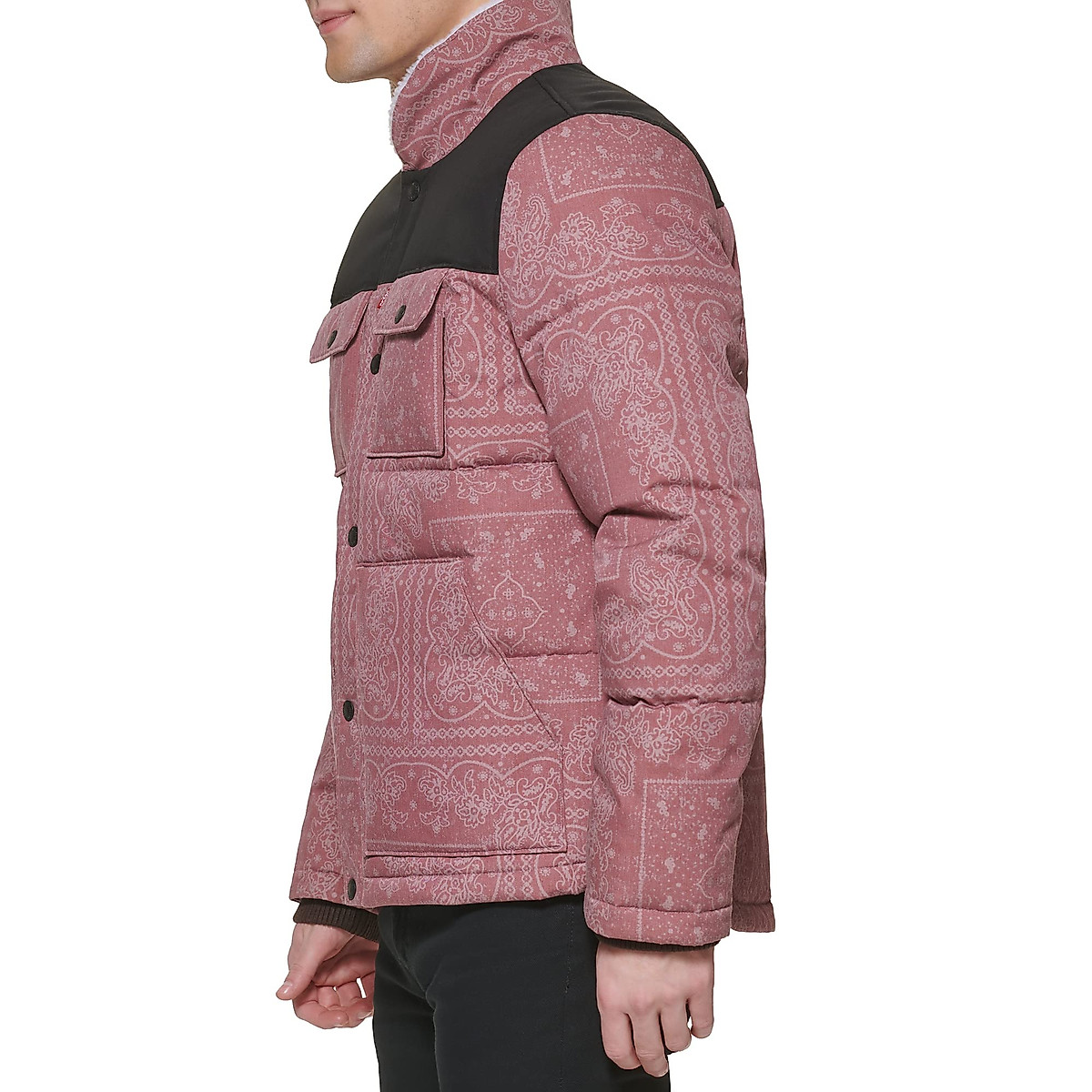 Levi's Men's Mixed Media Quilted Puffer Jacket with Sherpa Lined Collar (Regular and Big & Tall Sizes), Red Bandana Print, Small