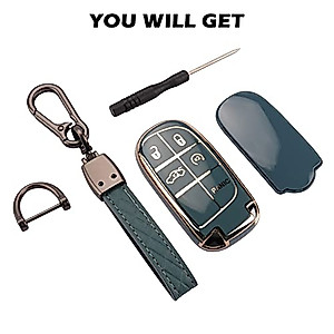 Jimtyee for Jeep Key Fob Cover with Keychain Soft TPU Car Key Case Shell Protection Compatible with Grand Cherokee Renegade Chrysler Dodge Ram Smart Key(Blue)