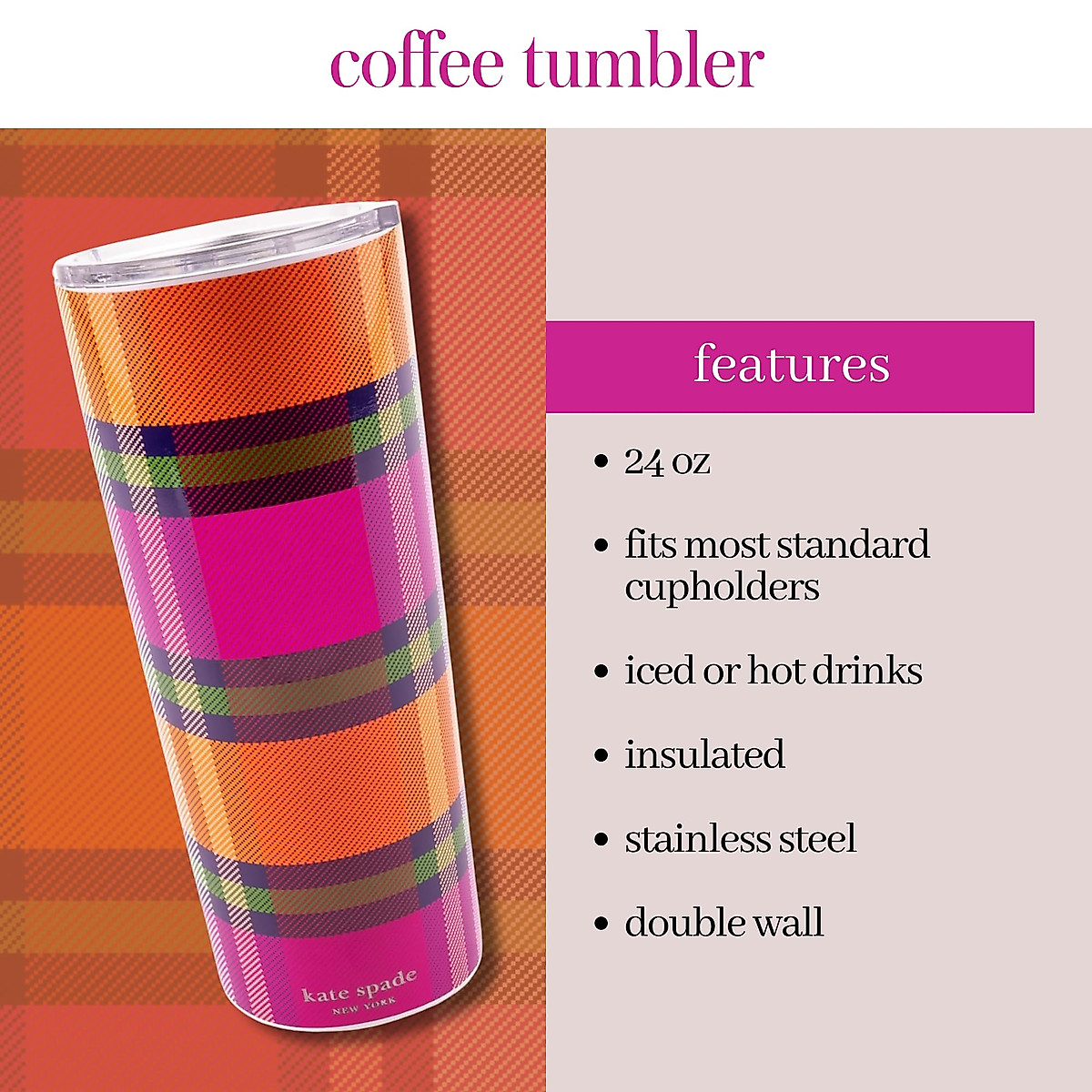 kate spade new york Cute Stainless Steel Mug, 24 Ounce Travel Tumbler, Double Wall Insulated Cup with Lid, Grand Plaid Duo
