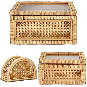 Tatuo Set of 3 Boho Rectangular Rattan Boxes with Glass Lids Woven Basket with Semicircle Napkin Holder Cane and Rattan Display Storage Basket Decorative Boxes for Home Decoration
