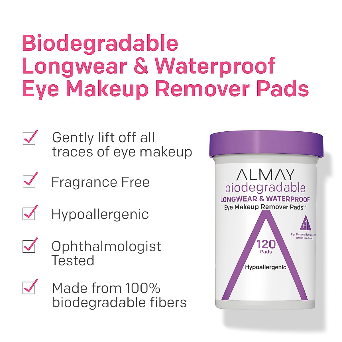 Almay Biodegradable Makeup Remover Pads, Longwear & Waterproof, Hypoallergenic, Fragrance-Free, Dermatologist & Ophthalmologist Tested, 80 Count