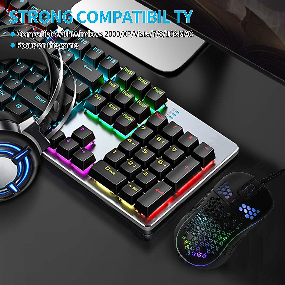 Honeycomb Wired Gaming Mouse, RGB Backlight and 7200 Adjustable DPI, Ergonomic and Lightweight USB Computer Mouse with High Precision Sensor for Windows PC & Laptop Gamers (Black)