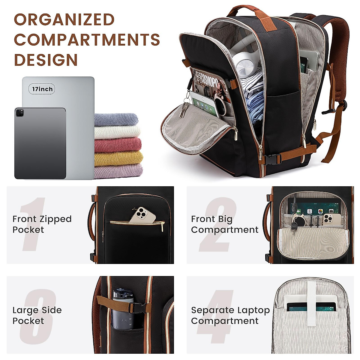 LOVEVOOK 40L Large Travel Backpack for Women Men, 17 Inch Carry on Backpack for Traveling on Airplane, Personal Item Bag Airline Approved, Business Causal Weekender Backpack, Black-Brown