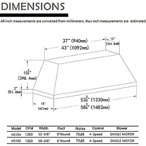 CHETTO Range Hood 54 Inch Ultra Quiet, Powerful Suction 304 Stainless Steel Ducted Kitchen Vent Hood with 4-Speeds, Dishwasher Safe Baffle Fillters, 8" Top Vent (54 inch, Stainless steel)