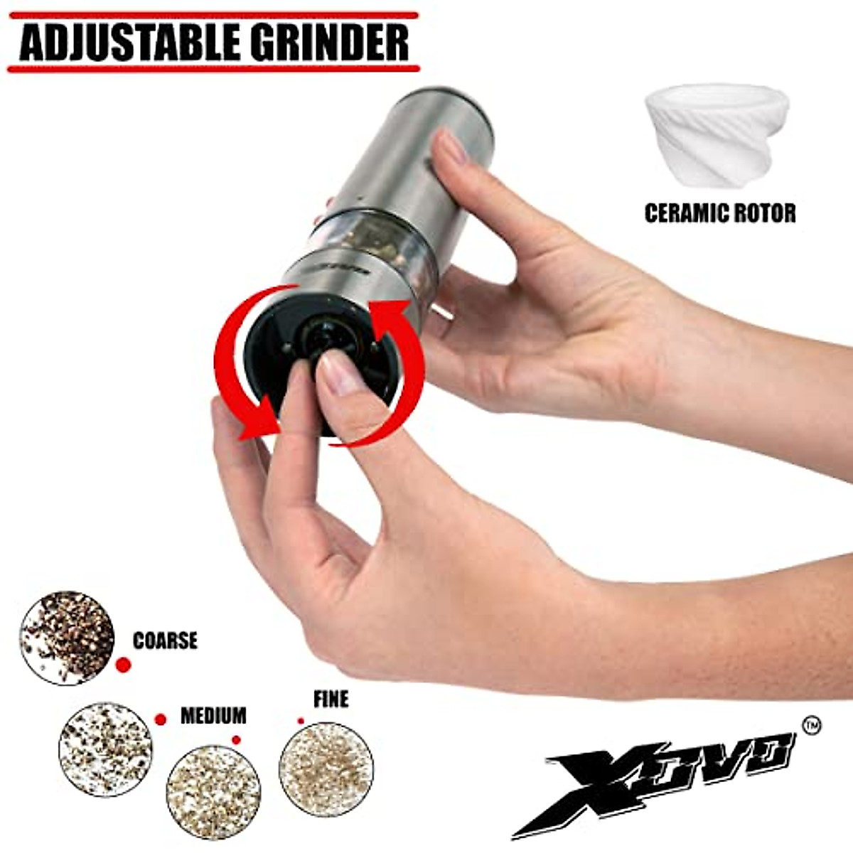 XOVO Electric Salt & Pepper Grinder Set - Battery Operated Stainless Steel Mill With LED Lighting - Electronic Adjustable Shakers - Ceramic Grinders - One Handed Automatic Operation - 2 Pack