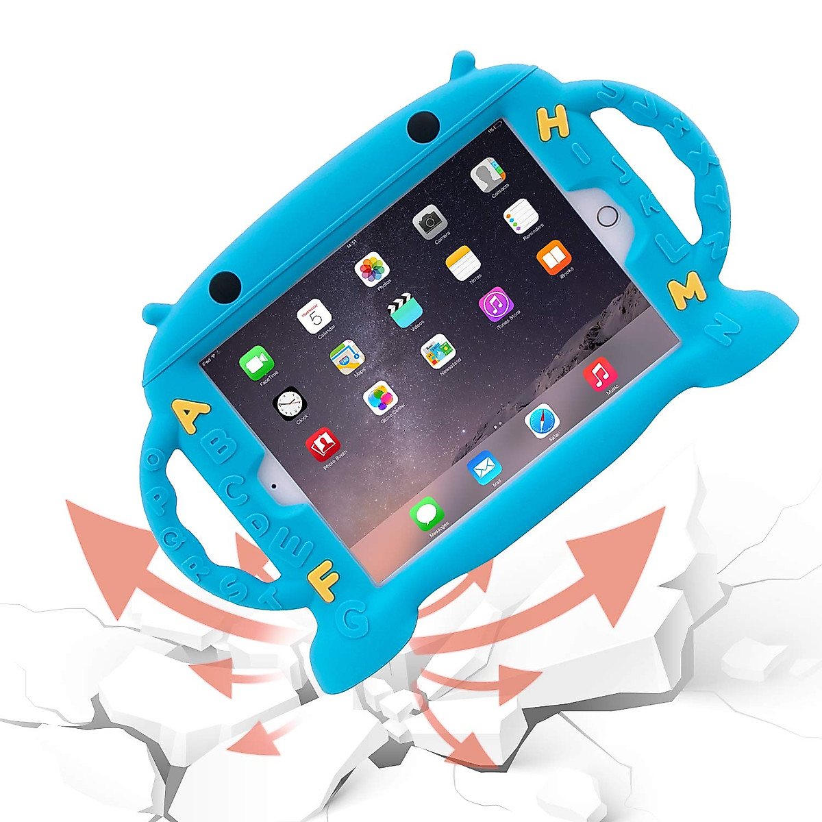 CHINFAI Kids Case for iPad, Cute Cartoon Case for iPad 2017 2018 9.7 inch, Case for iPad Pro/iPad Air 1 2, Shockproof Silicone Protective Cover with Self Stand [BPA Free][Side Handles] (Blue)