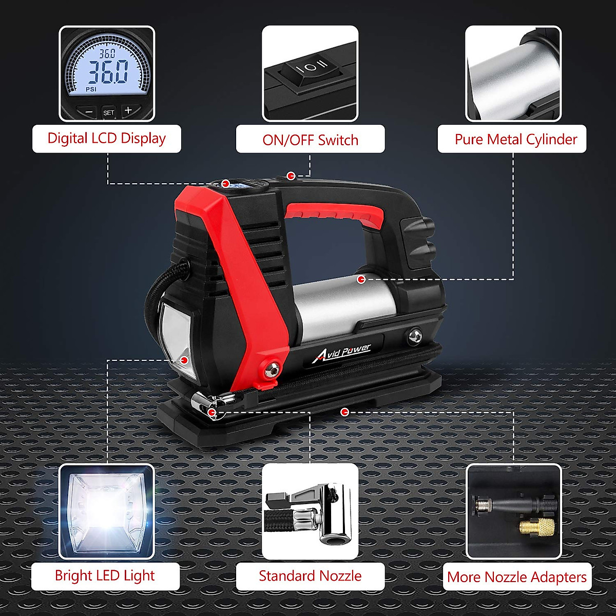 Avid Power Tire Inflator Air Compressor, 12V DC Car Tire Pump with LED Light, Digital LCD Display, Auto Shut Off