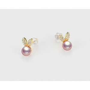 Pearl Stud Earrings,Freshwater Cultured Pearl Cubic Zirconia Rabbit Bunny Earrings Hypoallergenic Anniversary Birthday Mother Day Jewelry Gifts for Women(Size:6-7mm)