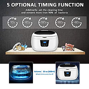 Ultrasonic Cleaner, Professional Ultrasonic Jewelry Cleaner 20 Ounces(600ML) with Five Digital Timer, Watch Holder,Cleaning Basket, SUS Tank for Cleaning Eyeglasses, Ring,Watches, Dentures