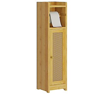 TRIFEBLE Bathroom Storage Cabinet, Small Bathroom Cabinet Organizer, Toilet Paper Storage Cabinet, Bamboo Bathroom Floor Cabinet with Rattan Door, Bathroom Furniture for Small Spaces, Natural