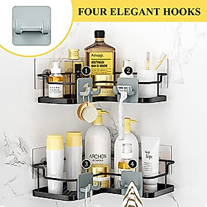 Nieifi Adhesive Corner Shower Caddy Organizer Shelf with 4 Hooks, Bathroom Shelves Storage Basket, Shampoo Holder No Rust No Drill 2 Pack Black, For 90 Degree Corner Only