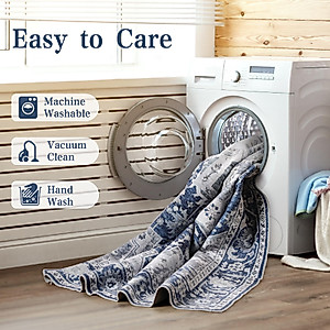 DUKINO 5x7 Rugs for Living Room, Soft Non-Slip Washable Area Rugs, Faux Wool Bedroom Rug with Non-Shedding, Indoor Low-Pile Boho Rugs for Dining Room, Home Office, Blue