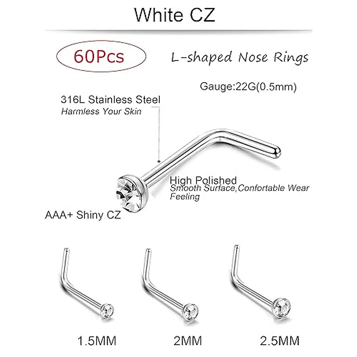 Jstyle 60Pcs L Nose Piercing Studs Jewelry for Women Stainless Steel Body Ear Piercing 22G 1.5mm 2mm 2.5mm