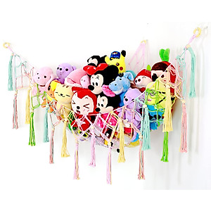 Large Stuffed Animal Net Toy Hammock Corner XL Hanging Net for Plush Toy Holder Boho Macrame Toy Display Stuffed Animal Storage Organizer for Kids Room, Nursery