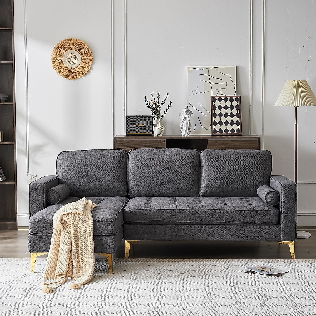 Karl home L-Shape Sectional Sofa Linen Fabric Sofa Couch Living Room Futon Couch with Reversible Chaise, Lattice Decored Seat Cushion, Dark Gray
