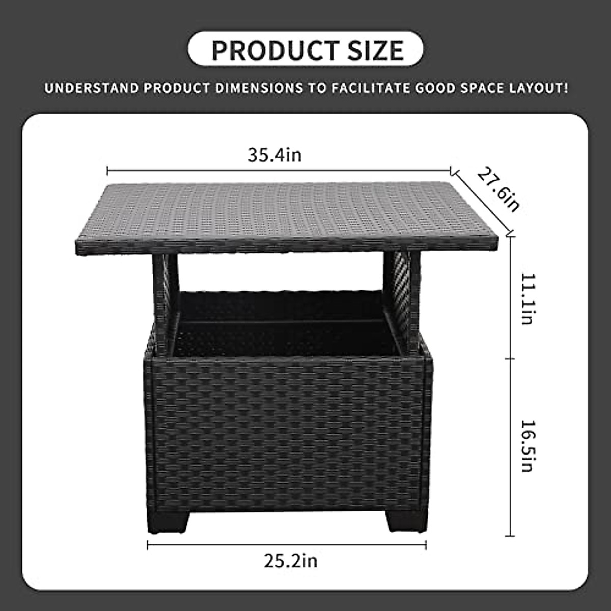 Outdoor PE Wicker Liftable Coffee Table - Patio Rattan Garden Furniture Multi-Functional Storage Tea Table, Black