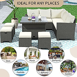 DHHU Patio Furniture, 8 Piece Weather Brown Wicker Sectional Sofa, Outdoor Conversation Set, Dining Table Chair with Ottoman, Cushions, Beige