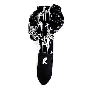 White Giraffe on Black Guitar Strap - Genuine Leather Ends, Includes 2 Strap Locks & 1 Pick. Adjustable Strap, For Bass, Electric & Acoustic Guitars Gift for Guitar Players Men, Women & Kids