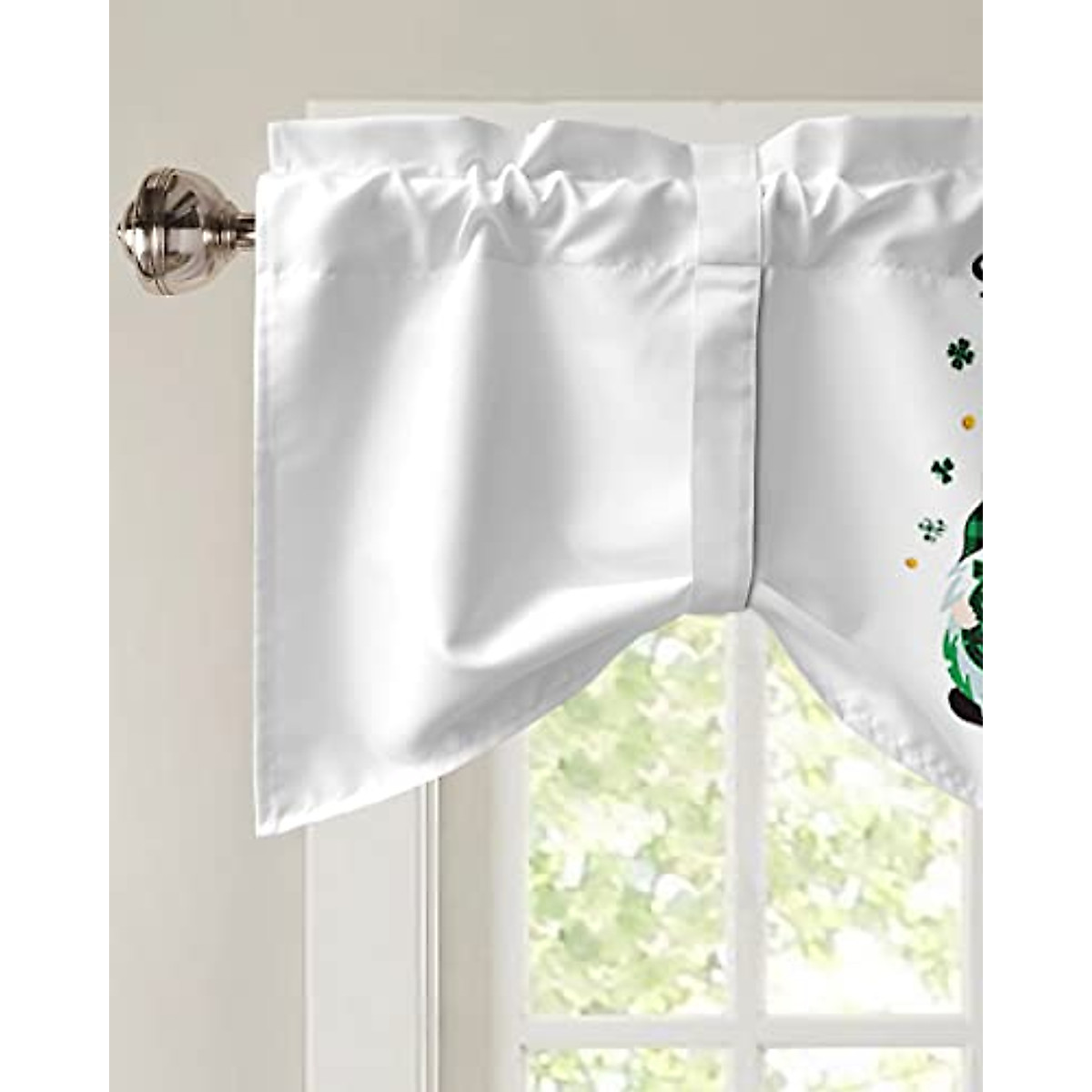 Semi-Sheer Kitchen Valances for Windows, Adjustable Tie Up Valances Curtains Light Filtering, St Patrick's Day White Background Shamrock Gnomes and Gold Coin Elegant Window Toppers Valances 42x12in