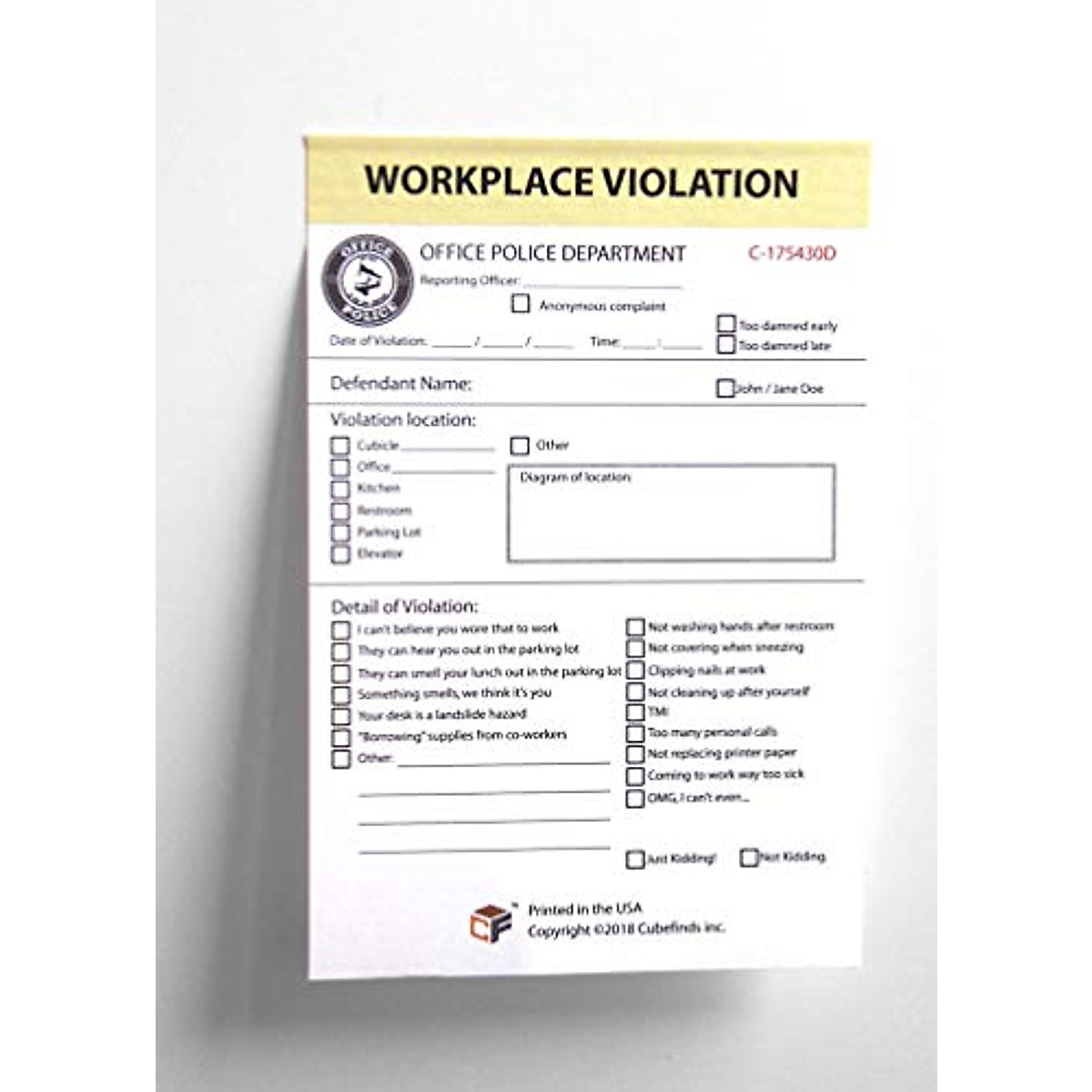 Office Workplace Violation Notice, Funny Workplace Violation Sticky Note pad, 4 x 6-inches, 50 Sheets